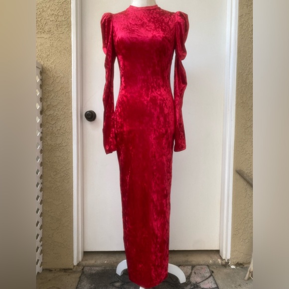 Vintage | Dresses | Vintage 9s Red Crushed Velvet Long Dress High Neck ...